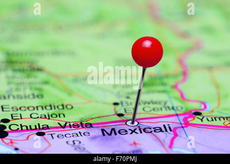 Close up to a Mexicali city with a red pin needle into Mexico country ...