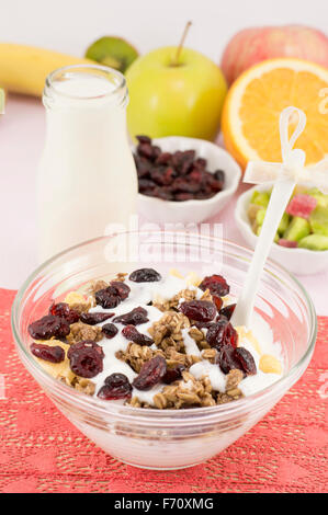 Fresh granola with berries and milk served in the garden Stock Photo ...
