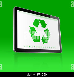 Digital tablet PC with a recycling symbol on screen. ecological concept ...