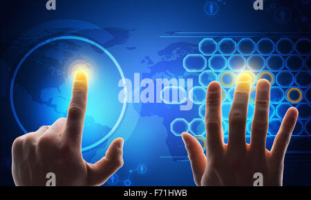 Humans hands touching blue holographic screen Stock Photo - Alamy