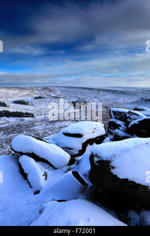 January, winter snow view, Burbage rocks, Burbage moor, near Hathersage ...