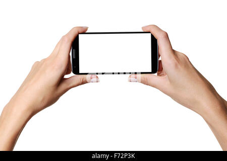 Hand on smartphone Blank Screen on Blur background Stock Photo - Alamy