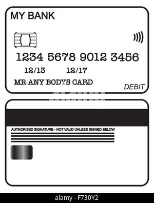 Front and back of a black and white debit card isolated on a white ...