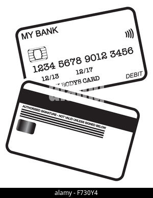 Front and back of a black and white debit card isolated on a white ...