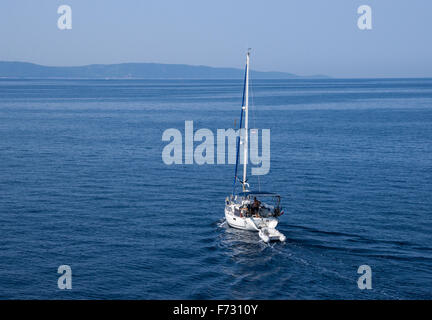 Yacht sailing in Adriatic sea. Close-up view of the deck, mast and ...
