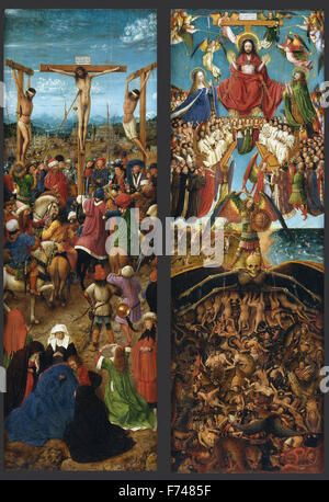 THE CRUCIFIXION, THE LAST JUDGMENT, by Jan van Eyck, 1440-41, Northern Renaissance painting. In ...