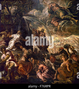 Moses drawing water from the rock of Horeb, engraving by Murillo ...