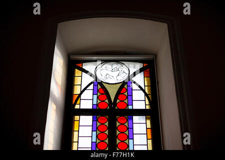 Simple patterned stained glass window in a French abbey Stock Photo ...