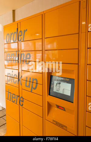 Yellow Amazon lockers and pick up point for packages ordered online in ...