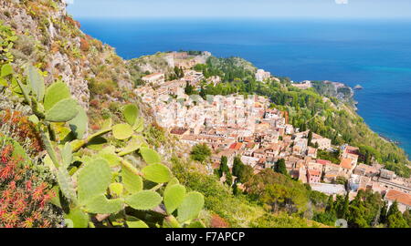 Panoramic aerial view of Taormina Sicily coastline and Greek Theatre ...
