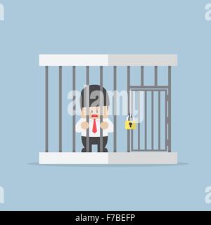 Cartoon man trapped in a cage, vector illustration. Black outlined and ...
