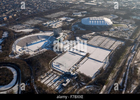 Veltins Arena in the winter, snow, Schalke Stadium, S04, Bundesliga club, Gelsenkirchen, Ruhr ...