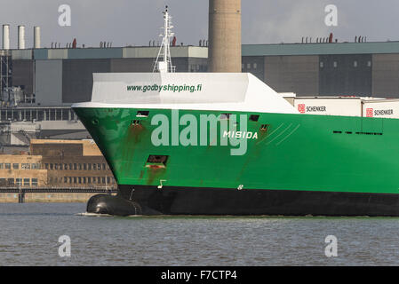 The Ro-Ro cargo ship, Misida steaming upriver on the River Thames in ...