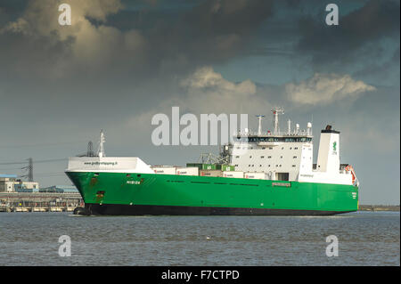 The Ro-Ro cargo ship, Misida steaming upriver on the River Thames in ...