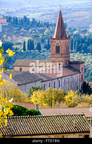 View from Perugia hill top town in Umbria Italy trees in foreground ...