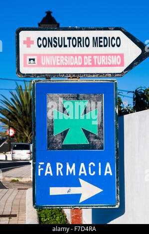 Spanish 'Farmacia' green cross sign showing 22C outside chemist ...