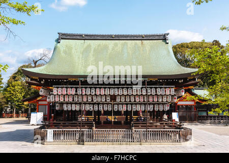 Kyoto, Yasaka shrine. Stage. The Buden Hall, open stage with green tile ...