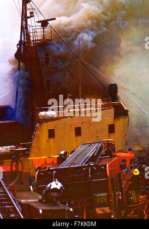 Dockside fire on the fishing boat Ben Edra North Shields 1979 Stock ...
