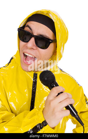 Funny performer with mic isolated on the white Stock Photo - Alamy