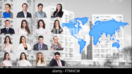 World map background with people portraits on it Stock Photo - Alamy