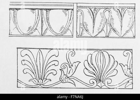 Illustration from a book depicting the different column tops. Left to ...