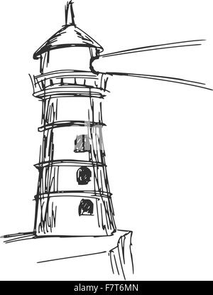 Lighthouse sketch. Beacon with a light beam. Vector illustration ...