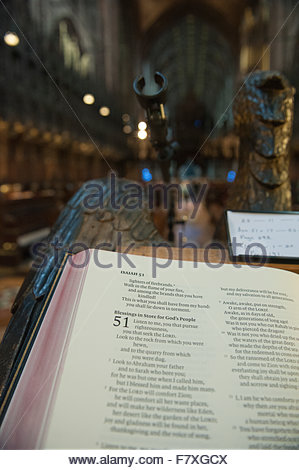 Open bible book on lectern in small empty church All Saints and St ...