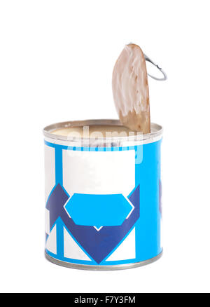 Open tin can with condensed milk isolated on white Stock Photo - Alamy