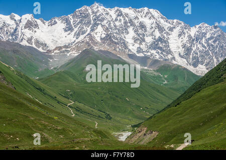 Shkhara mount seen from Zhibiani - one of four villages community ...