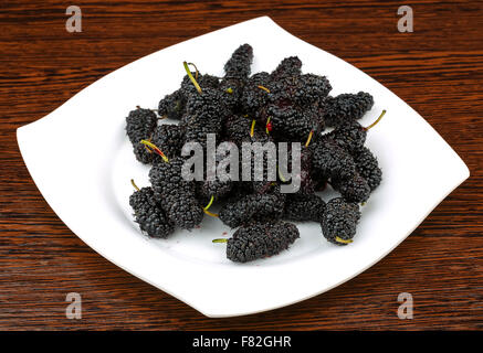 Fresh ripes Mulberry on the plate wood background Stock Photo - Alamy