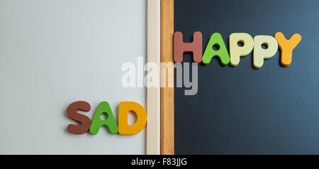Wooden word HAPPY and SAD on black board and white board Stock Photo ...