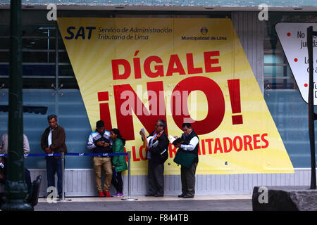 People queuing outside local tax office in central Lima, Peru Stock ...