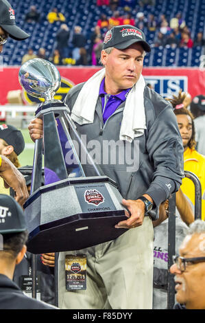 December 5, 2015 - Alcorn head coach Jay Hodson (r) displays the SWAC ...