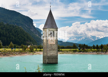 Church tower in Lake Reschen, Graun, Reschen Pass, Vinschgau, South ...