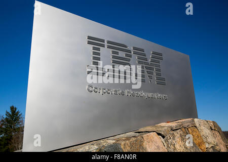 A logo sign outside of the headquarters of IBM in Armonk, New York on ...
