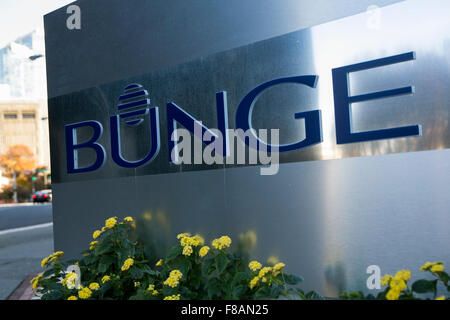 A logo sign outside of the headquarters of Bunge Limited in White ...