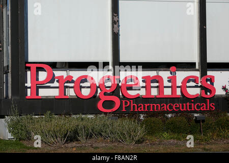 A logo sign outside of the headquarters of Progenics Pharmaceuticals ...
