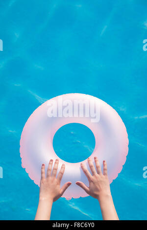 Part of a blue inflatable pool in the backyard of a private house Stock ...