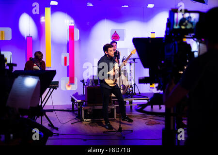 Welsh rock pop group band Swnami performing live on daytime television ...