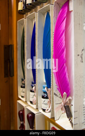 An old fashioned ink dip pen with nib and a bottle of ink. Shallow ...