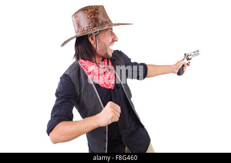Portrait of cowboy pointing gun on wild west film set, Fort Bravo ...