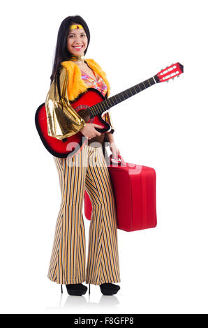 Travelling musician with suitcase and guitar Stock Photo - Alamy
