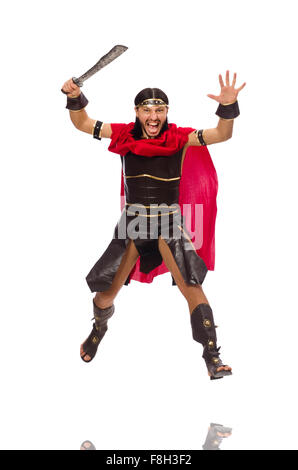 Ancient warrior or Gladiator jumping isolated in a white background ...