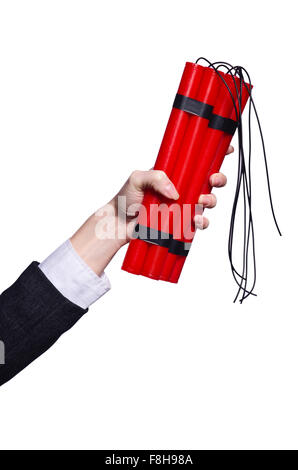 Businesswoman with dynamite on white Stock Photo - Alamy