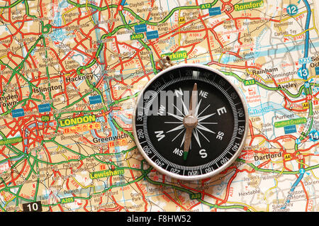 Compass over the map of UK - London suburbs Stock Photo - Alamy