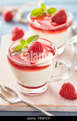 Dessert Panna Cotta with green mint sauce and fresh mint on dark ...