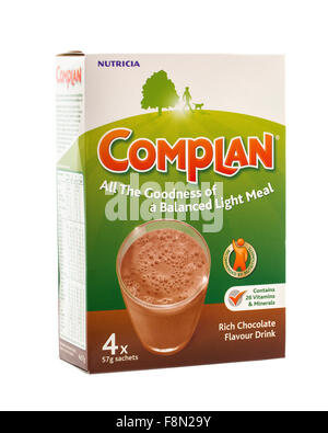 Packet of NUTRICIA Complan Chocolate Drink on a white background Stock ...