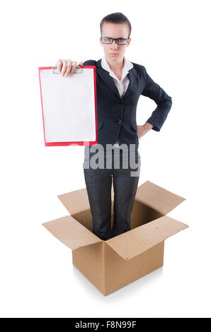 Woman with paper pad out of box Stock Photo - Alamy