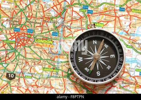 Compass over the map of UK - London suburbs Stock Photo - Alamy