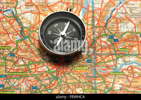 Compass over the map of UK - London suburbs Stock Photo - Alamy